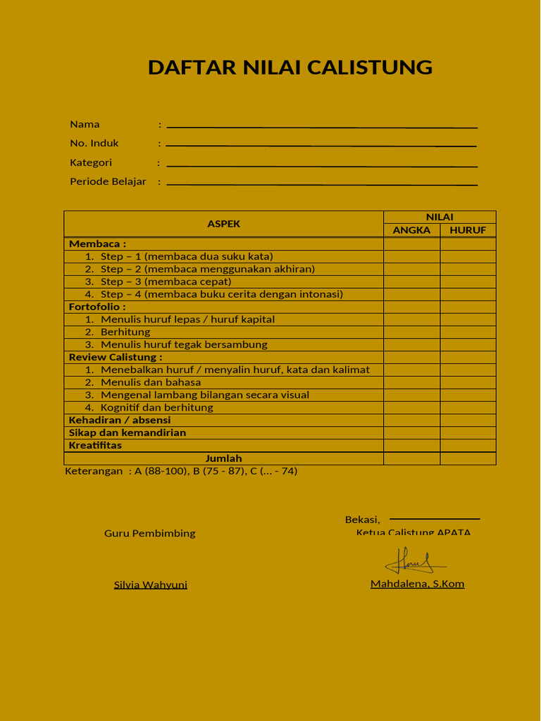 Daftar Nilai Calistung | PDF