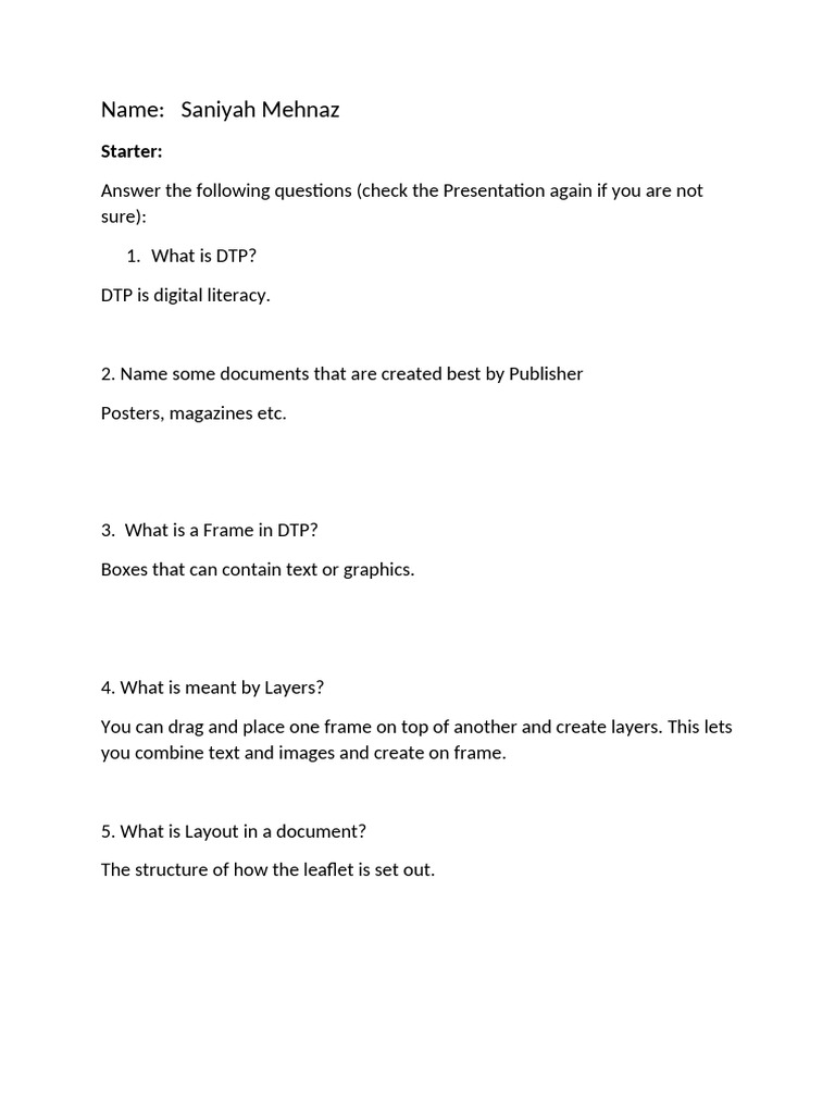 DTP Questions - Answers Saniyah Mehnaz | PDF