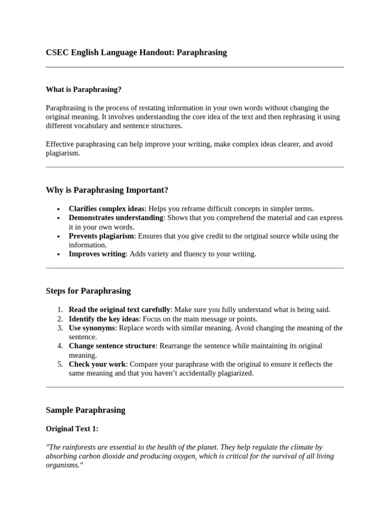 CSEC English Language Handout On Paraphrasing | PDF | Internet