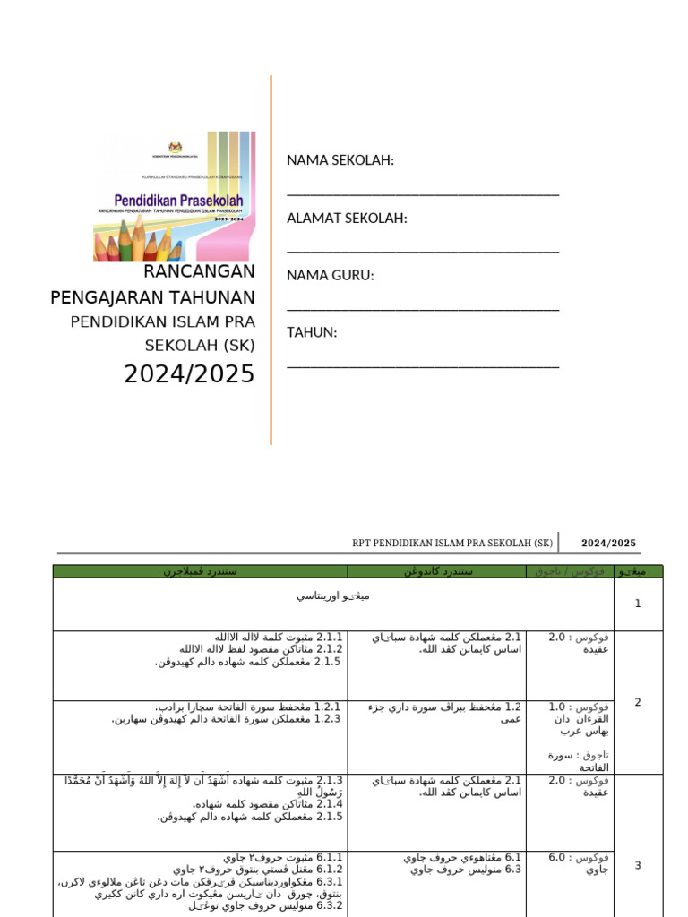 RPT PENDIDIKAN ISLAM PRA SEKOLAH (SK) 2024-2025 by Rozayus Academy | PDF