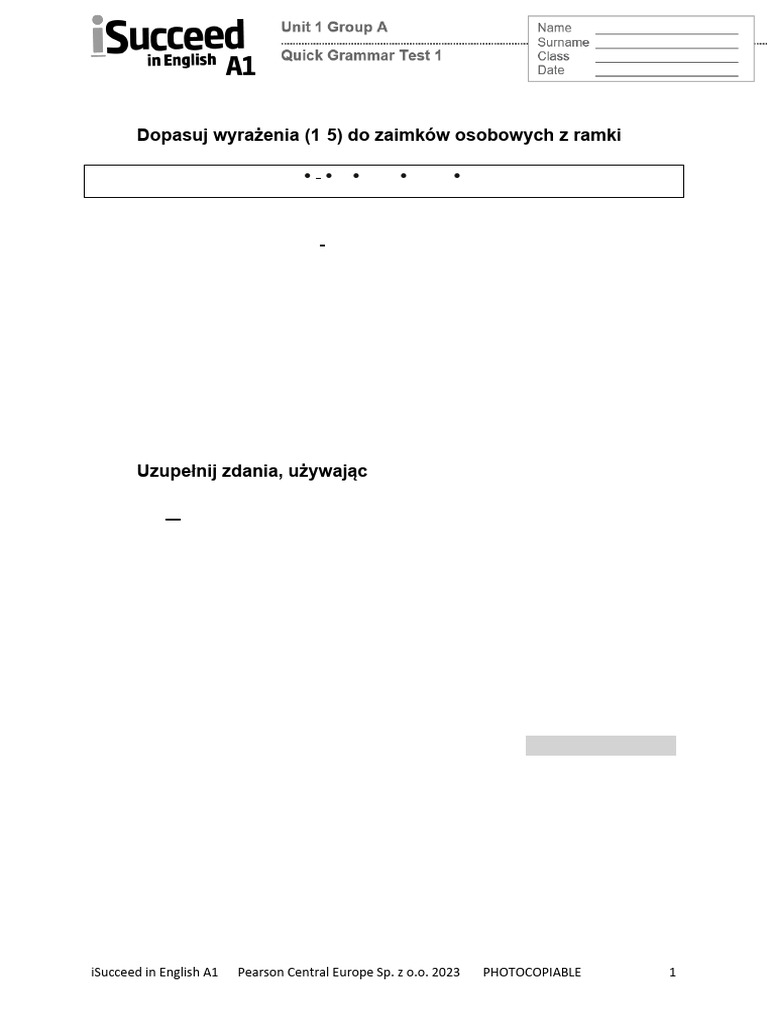 ISucceed A1 Unit 1 Quick Grammar Test 1 Group A Final | PDF