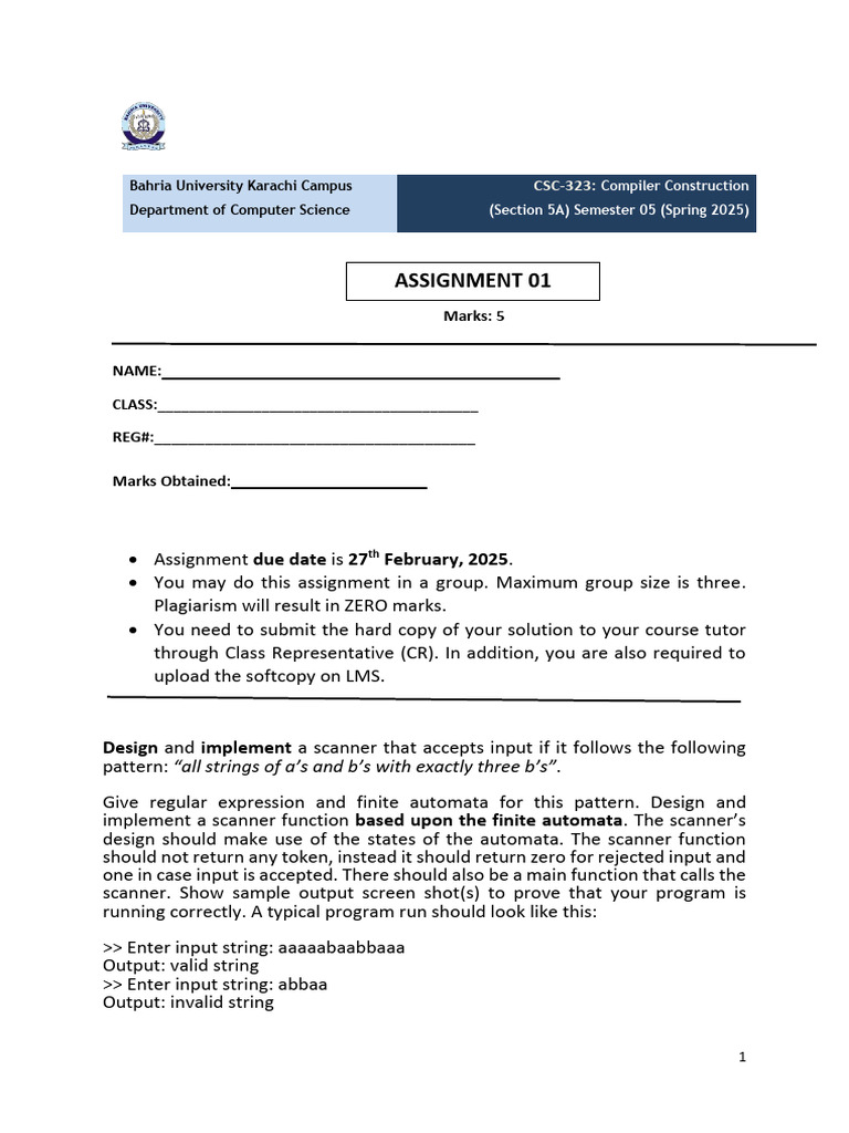 Compiler Construction Spring 25 Assignment 1 5A | PDF