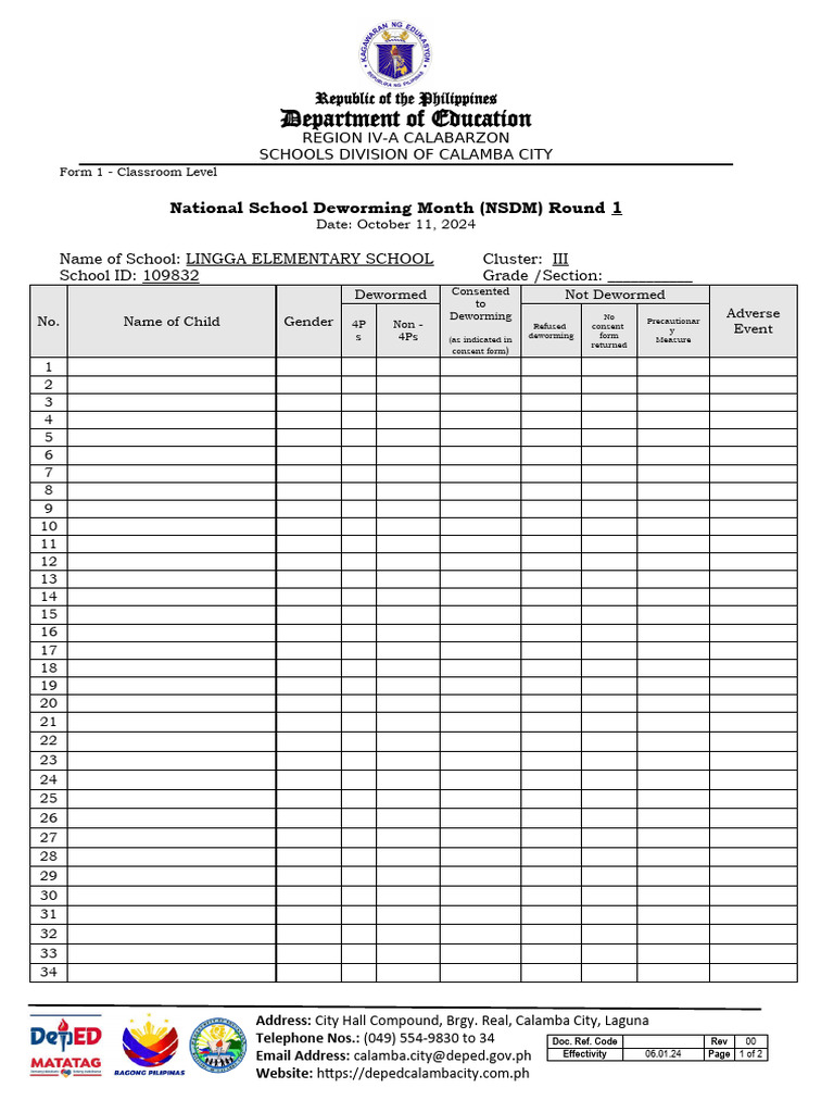 Deworming Form 1 Classroom Level | PDF