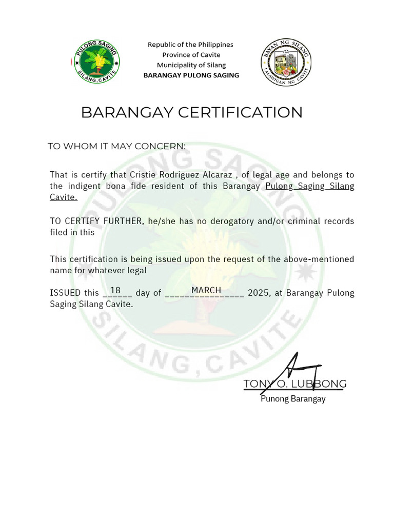 Barangay Indigency Certification | PDF