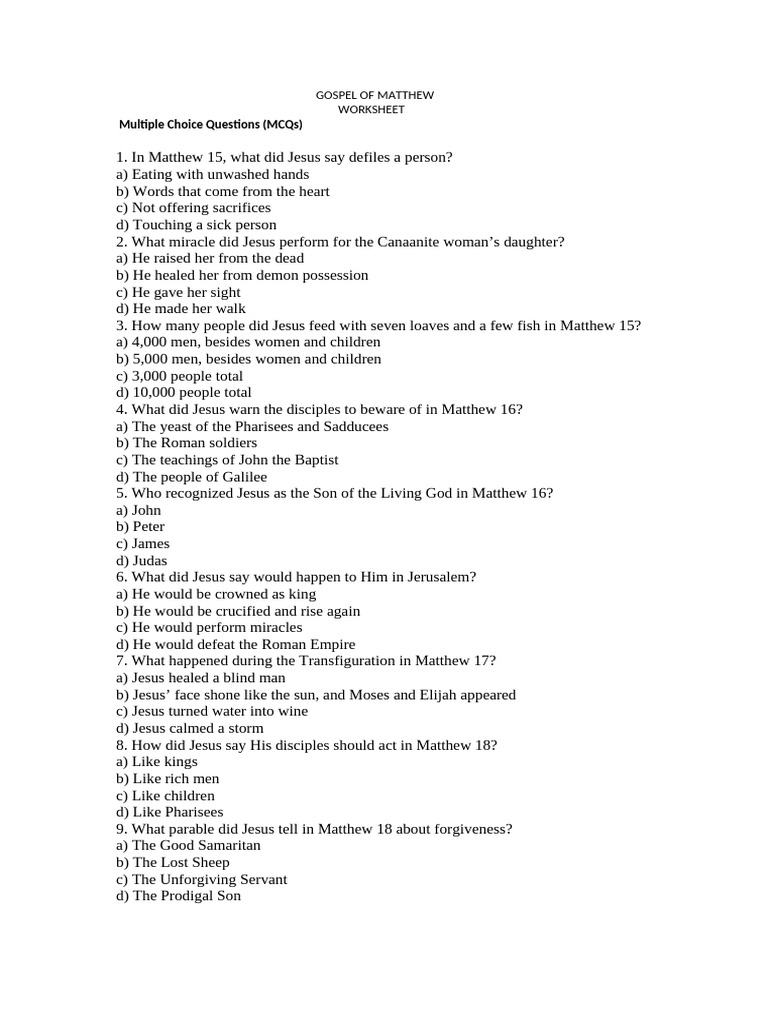 GOSPEL OF MATTHEW Worksheet | PDF | Jesus | Gospel Of Matthew