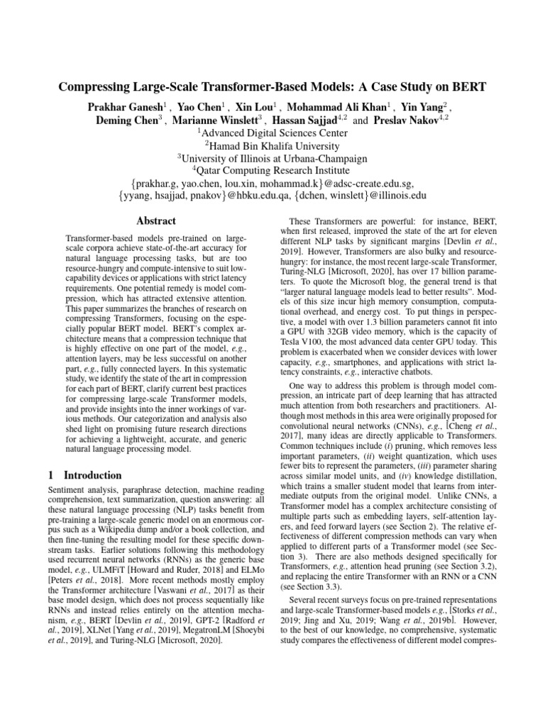 Compressing Large Scale Transformer Based Models - A Case Study On BERT | PDF | Data Compression ...