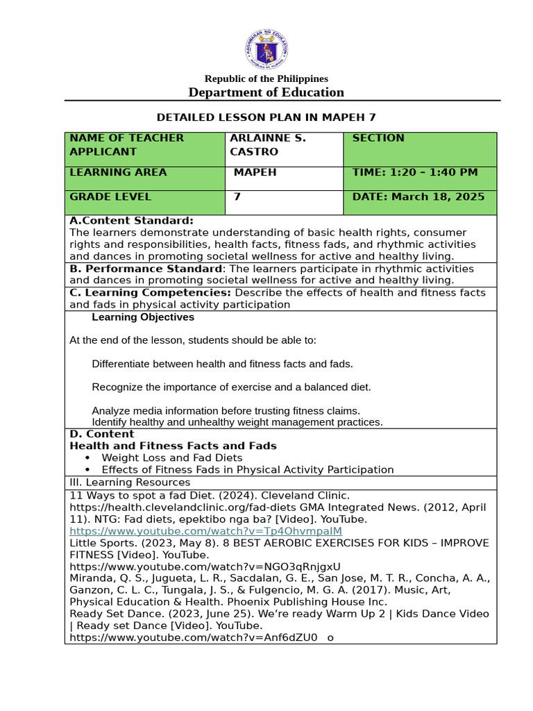 MAPEH 7 Lesson Plan: Health & Fitness Fads | PDF