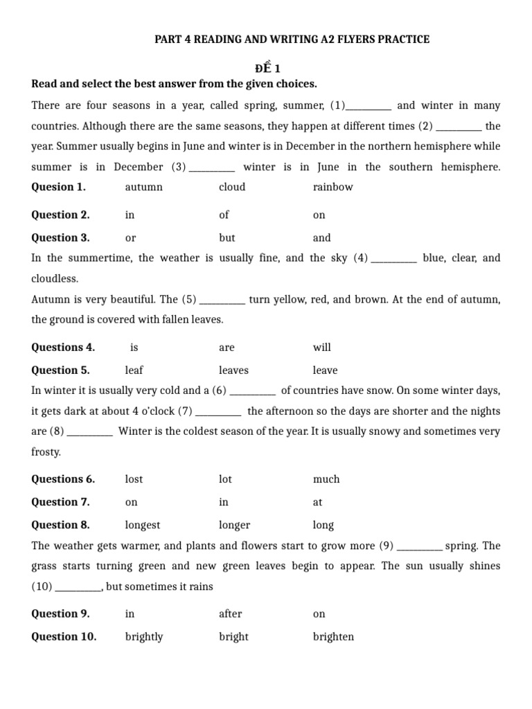 Part 4 Reading and Writing A2 Flyers Practice | PDF | Pizza