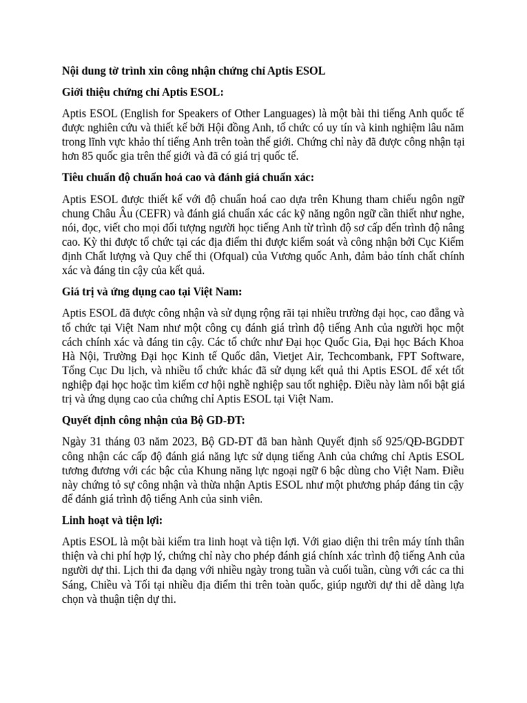 Thông tin chứng chỉ Aptis ESOL | PDF