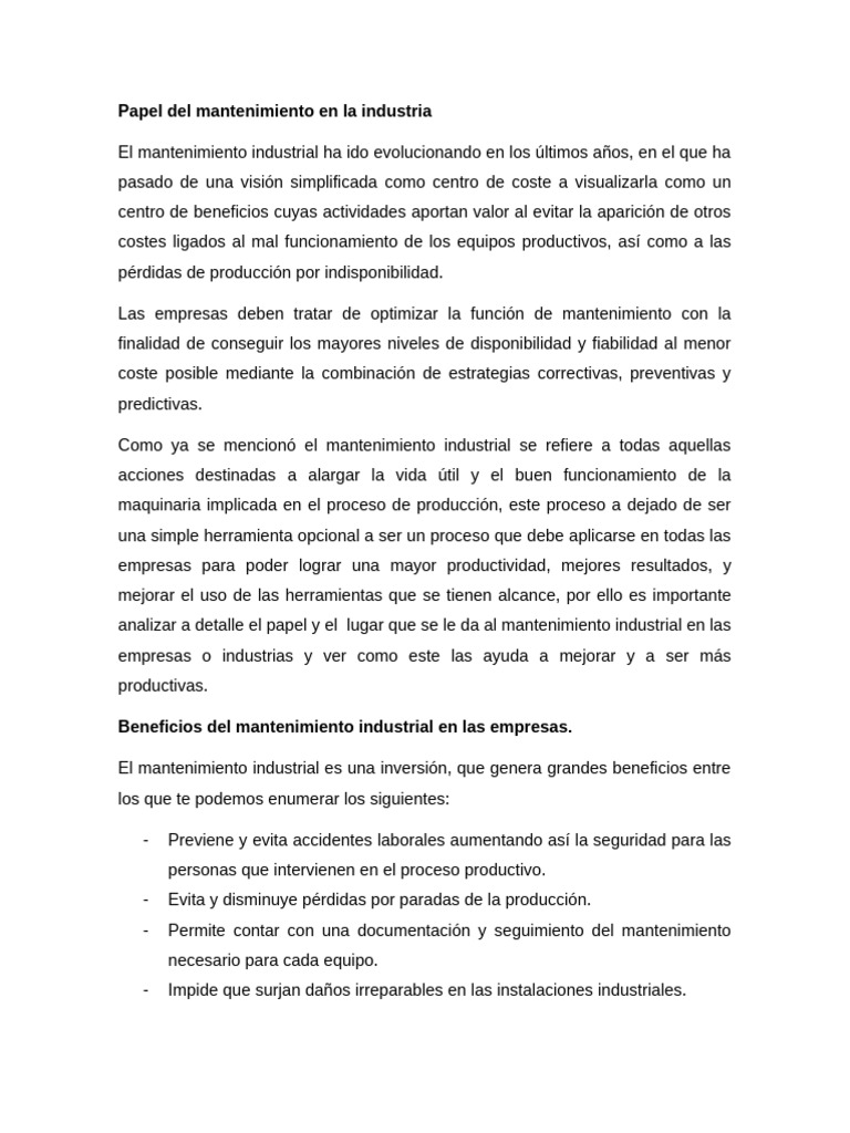 Papel Del Mantenimiento en La Industria | PDF | Ingeniería de confiabilidad | Ingeniería mecánica