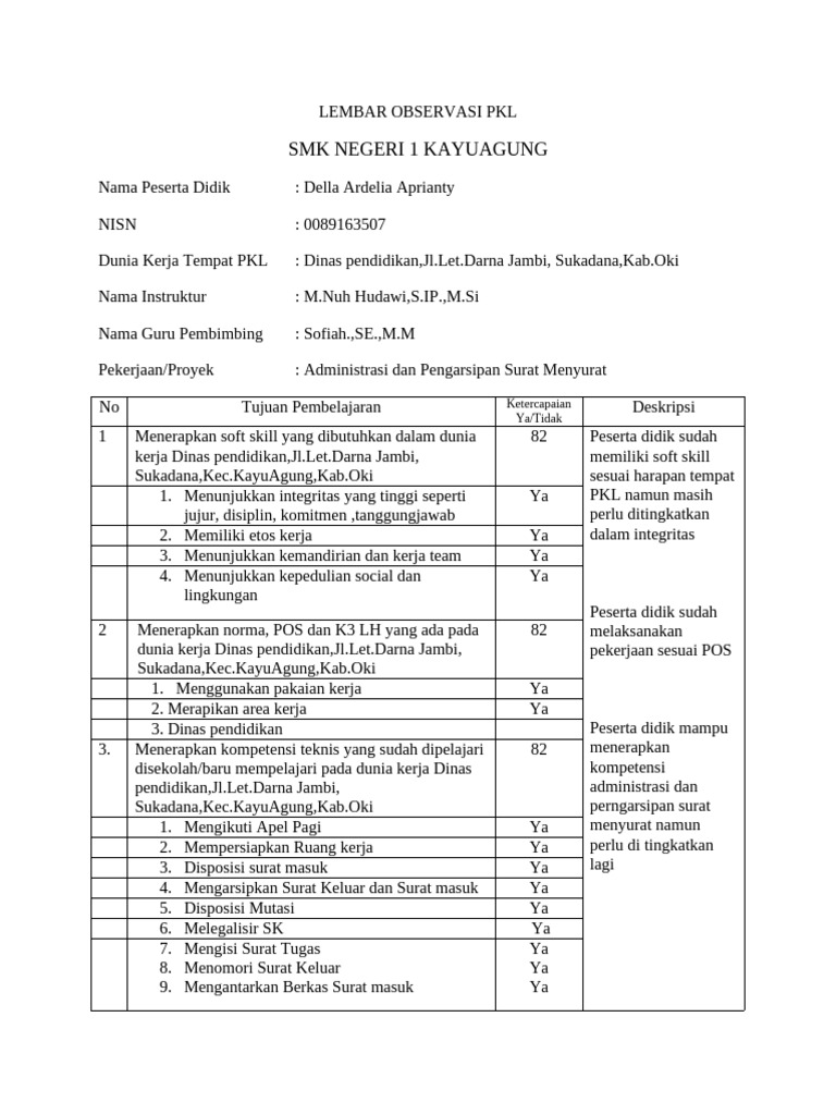 Lembar Observasi PKL | PDF