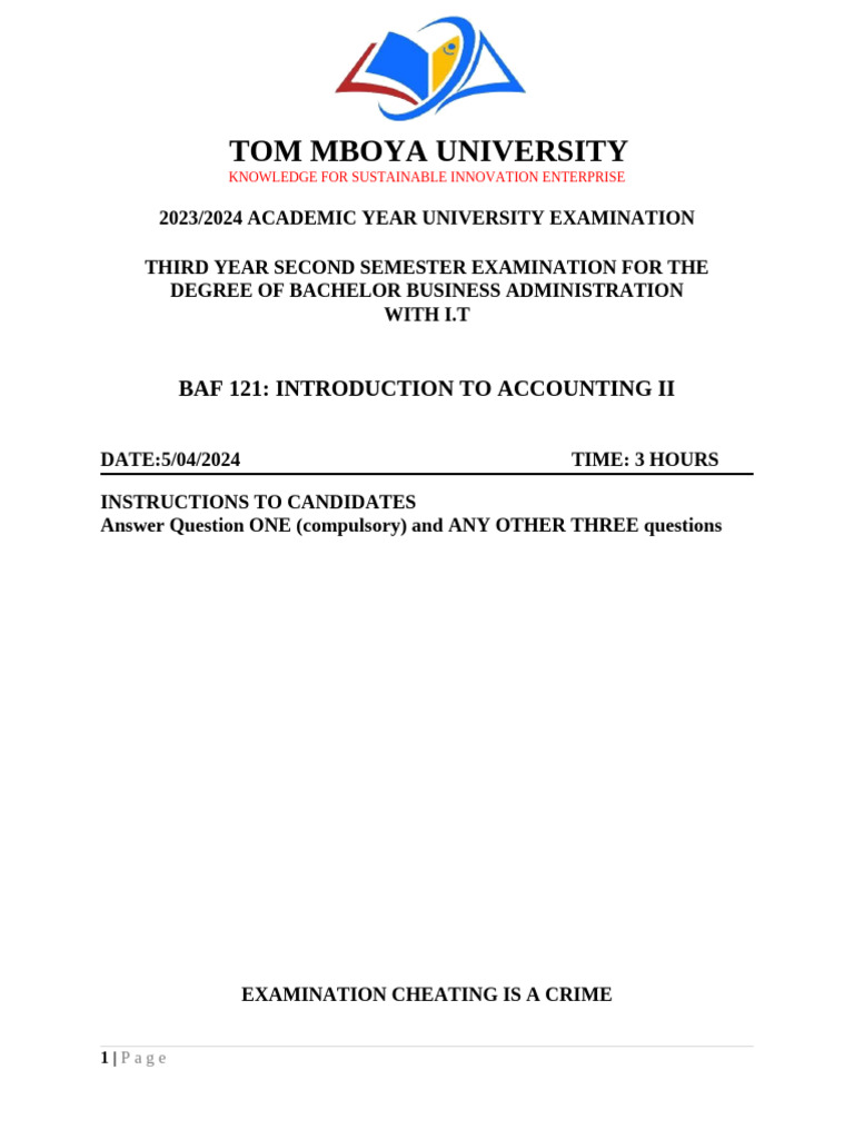 Accounting Exam Paper 2023/2024 | PDF | Expense | Depreciation