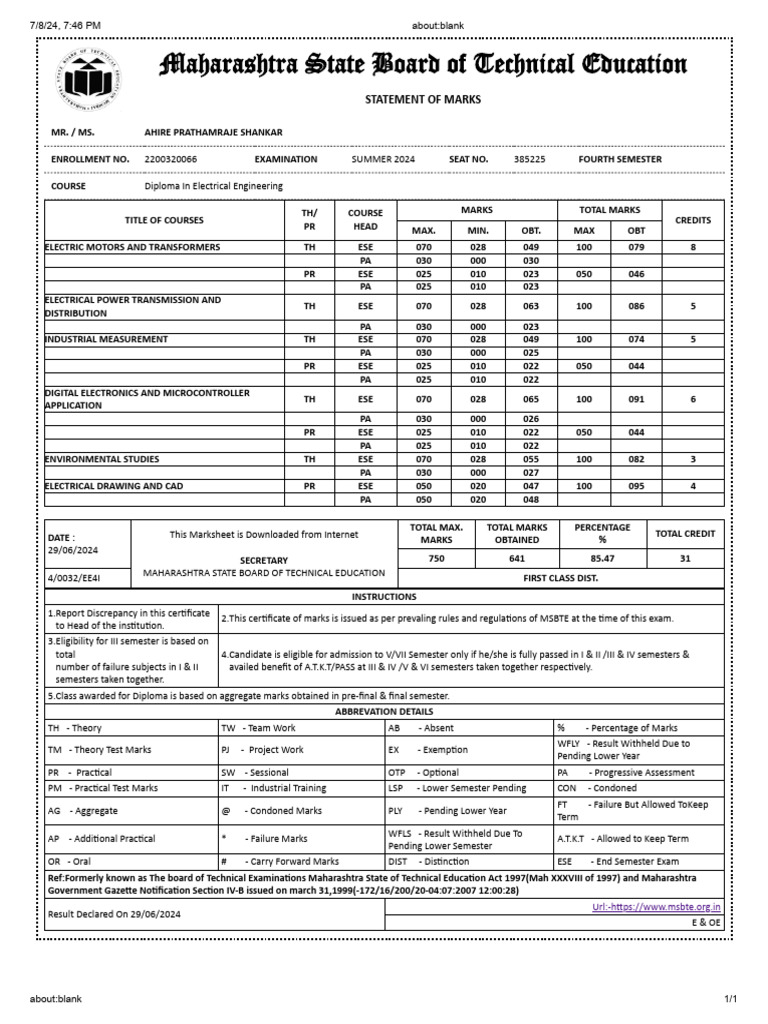 Prathamraje Ahire Patil Fourth Semester Mark S | PDF | Educational Stages | Qualifications