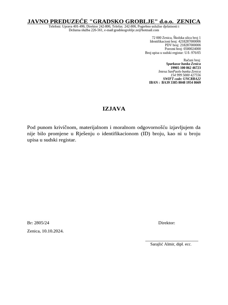 Izjava o Id Broju | PDF