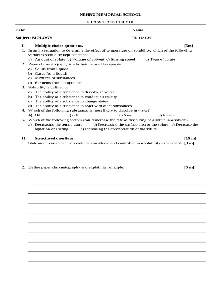 Nehru Memorial School Class Test-Std Viii Date: Name: Subject: BIOLOGY ...