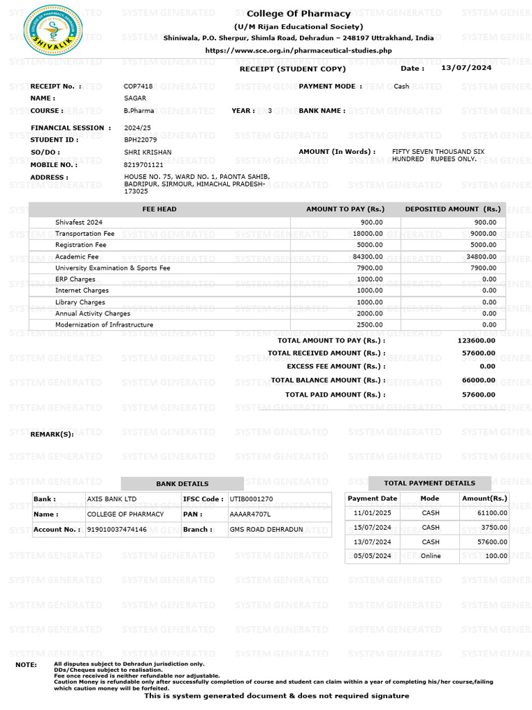 Student Fee Receipt SCE | PDF | Banks | Fee