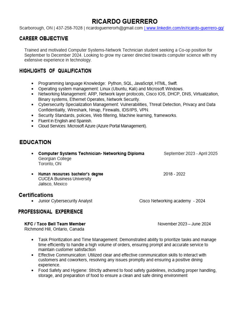 Computer Systems Technician Resume | PDF