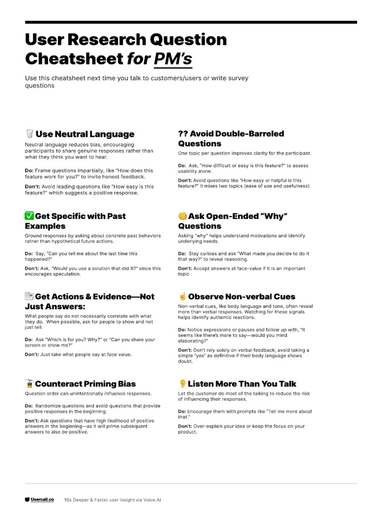 user-research-cheatsheet-pms | PDF | Usability | Communication