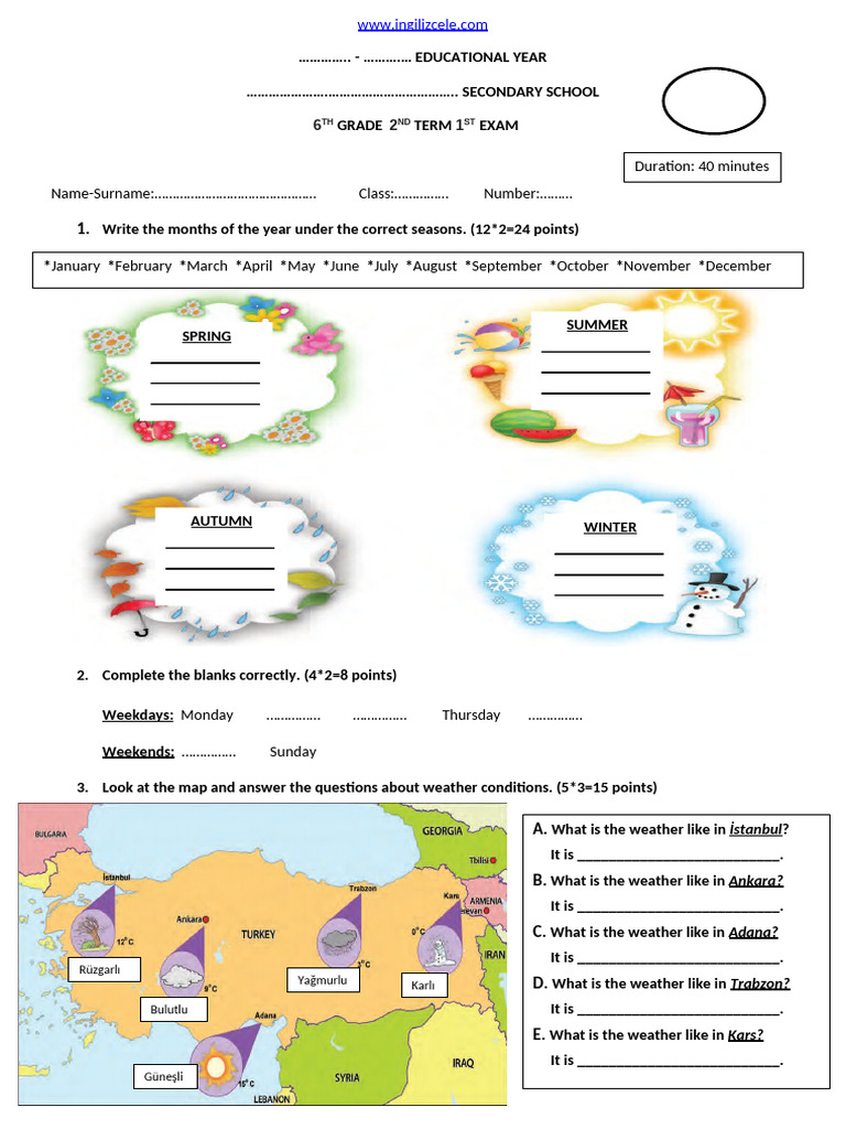 6 Sinif Ingilizce 2 Donem 1 Sinav Ornek 1 | PDF | Linguistic Typology | Linguistic Morphology