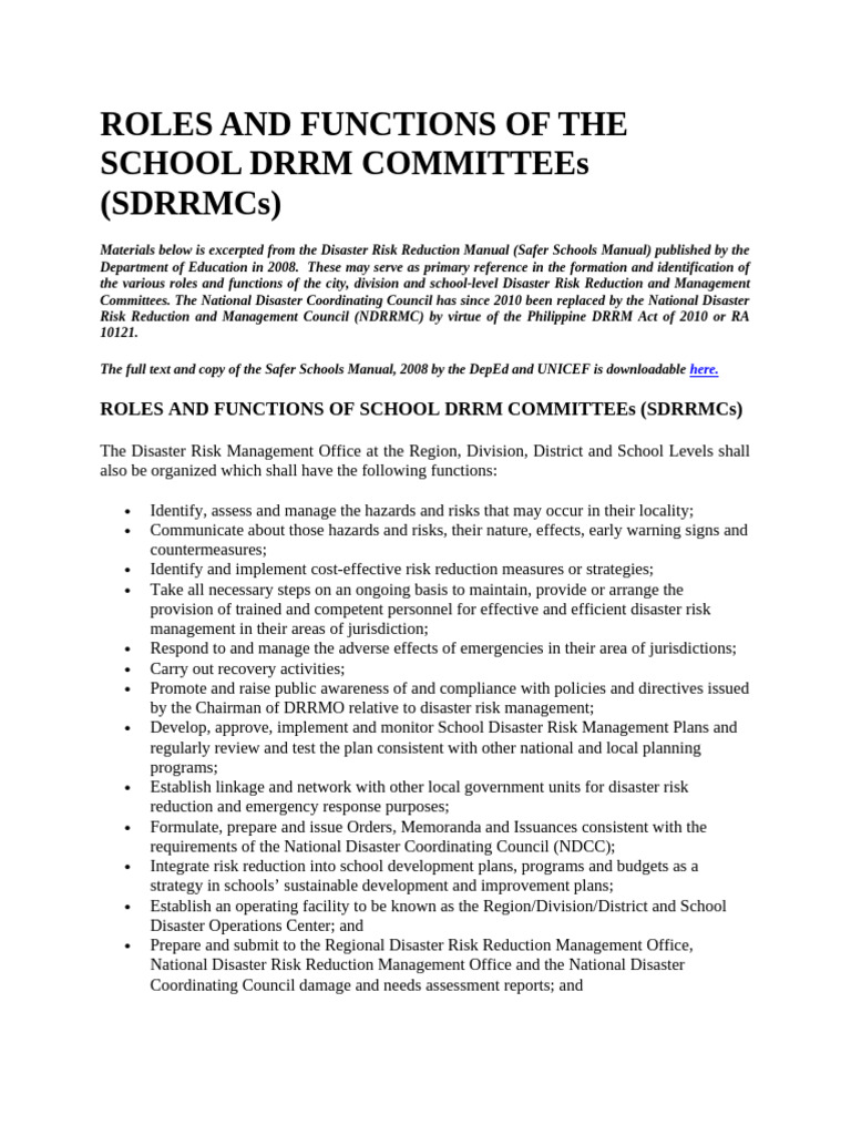 ROLES AND FUNCTIONS OF THE SCHOOL DRRM COMMITTEEs | PDF | Disaster Risk ...