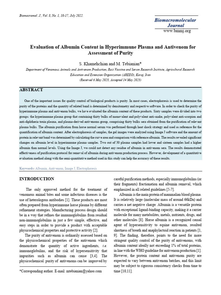 Evaluation of Albumin Content in Hyperimmune Plasma and Antivenom For ...