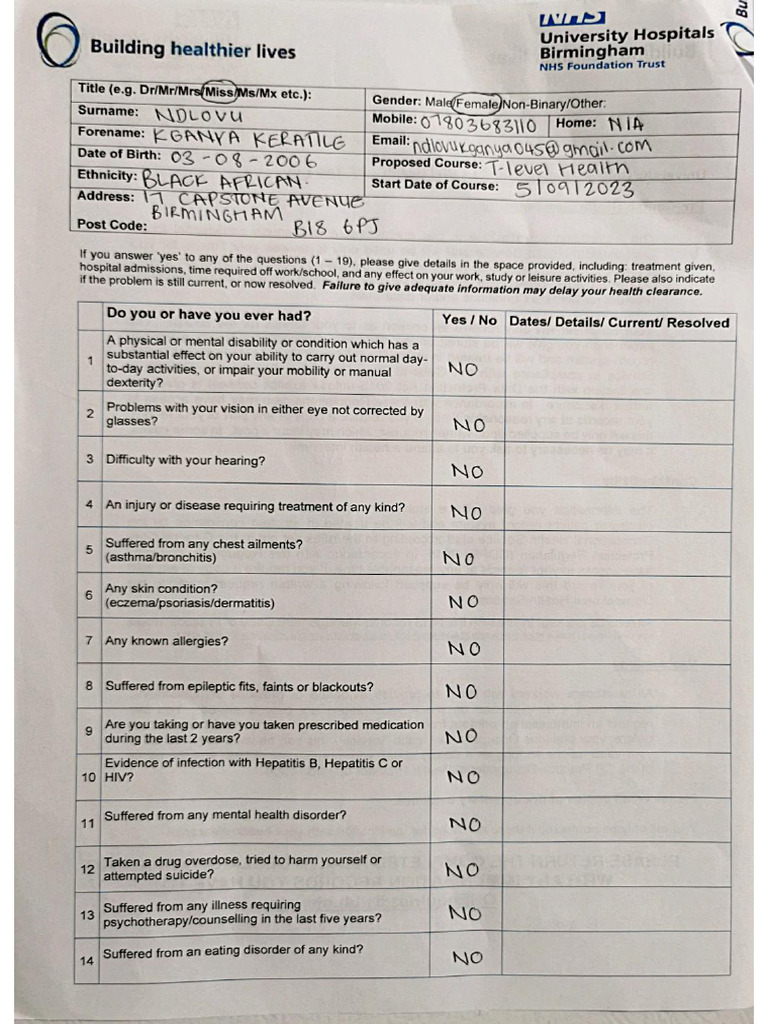 UHB Health Questionnaire | PDF