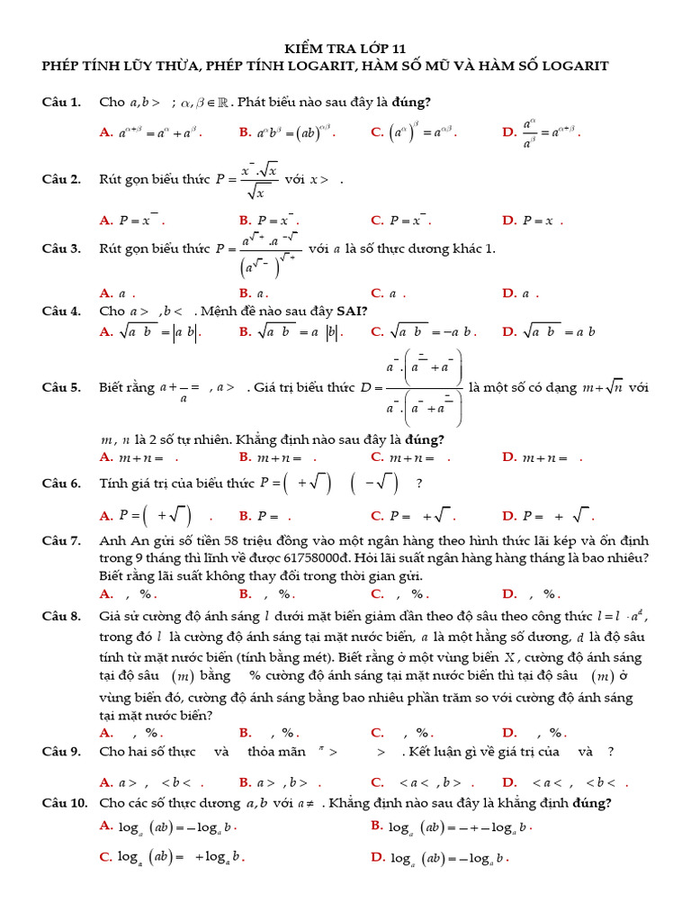 KIỂM TRA PHÉP TÍNH LŨY THỪA, LOGARIT, HÀM SỐ MŨ VÀ HÀM SỐ LOGARIT | PDF