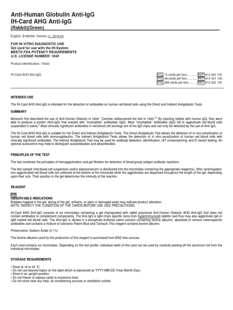Package Insert - Anti-Human Globulin Anti-IgG IH-Card AHG Anti-IgG ...
