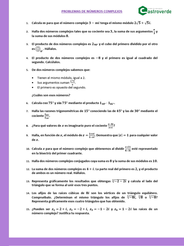 Problemas de Números Complejos | PDF | Número complejo | División ...