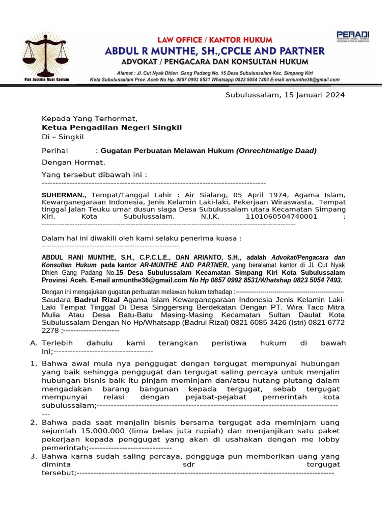 Gugatan Perbuatan Melawan Hukum Subulussalam | PDF