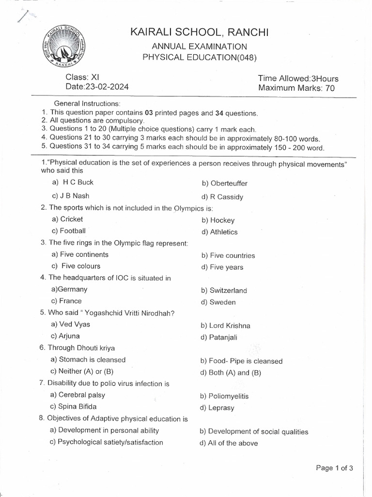 Physical Education Pyq Annual Examination | PDF