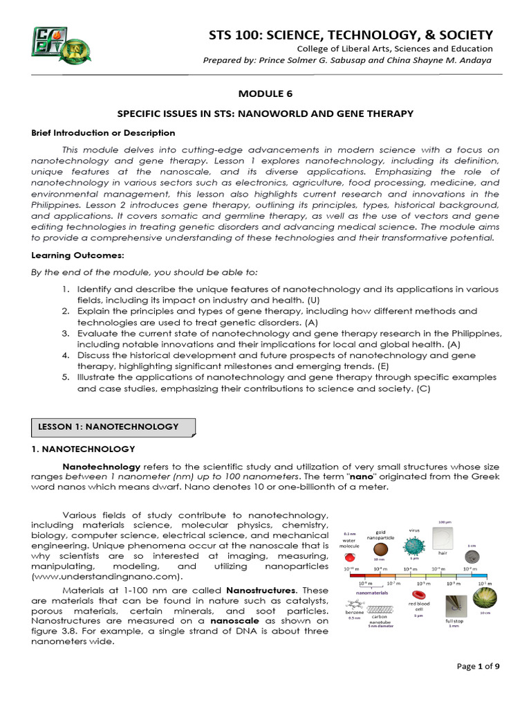 STS 100 - MODULE Readings 6 - SPECIFIC ISSUES IN STS - NANOWORLD - GENE | PDF | Gene Therapy ...