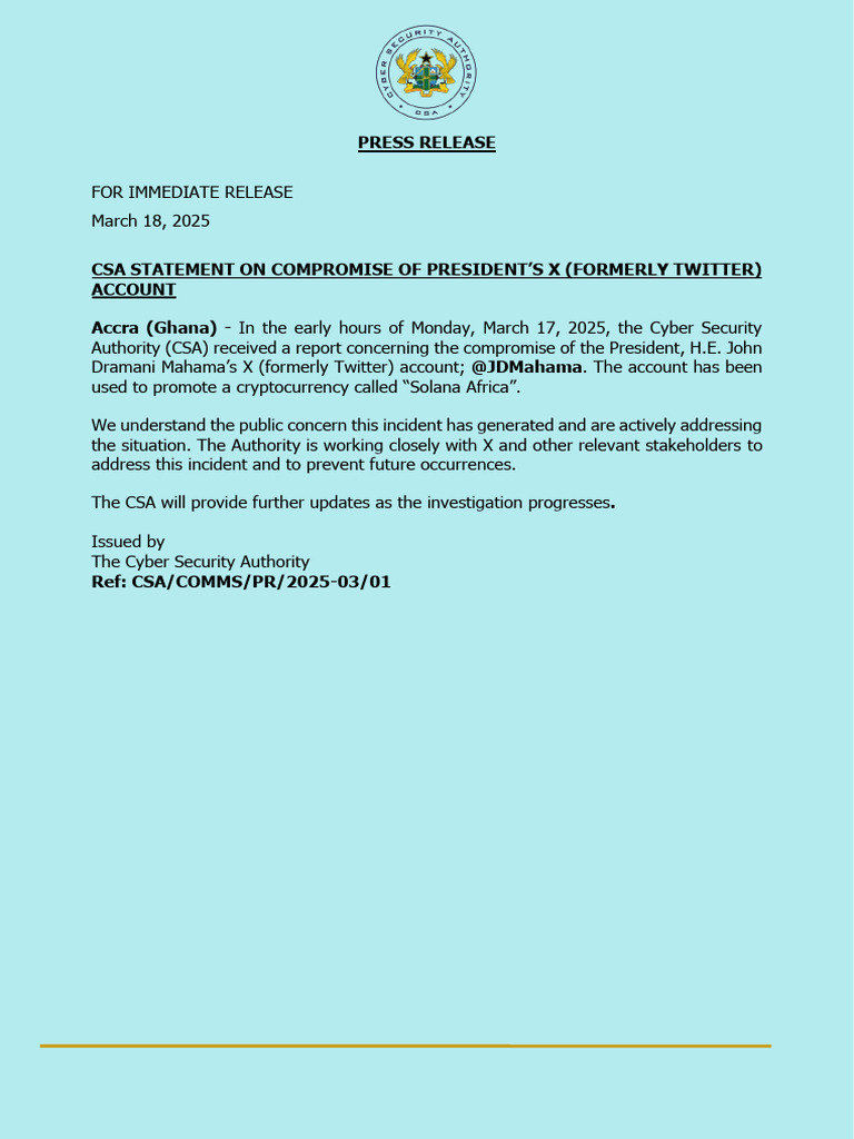 CSA Statement on President's X Account Compromise | PDF
