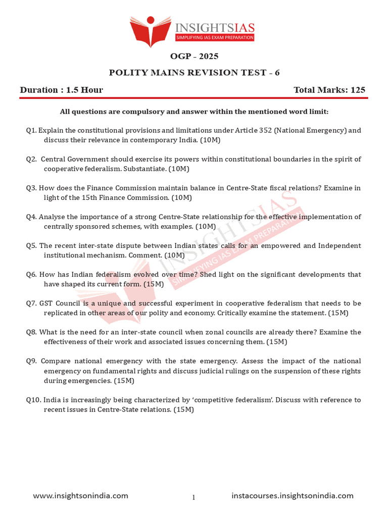 OGP 2025 Batch 6 Bengaluru Polity Mains Revision Test 6 QP | PDF ...