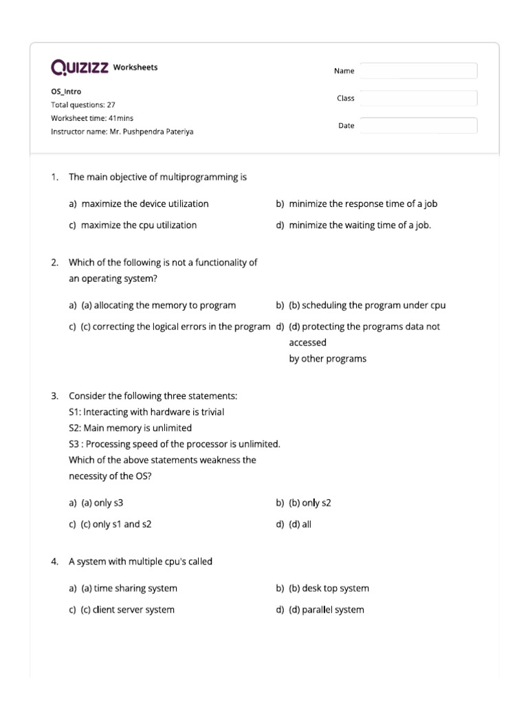 OS Unit1 Practice MCQ | PDF