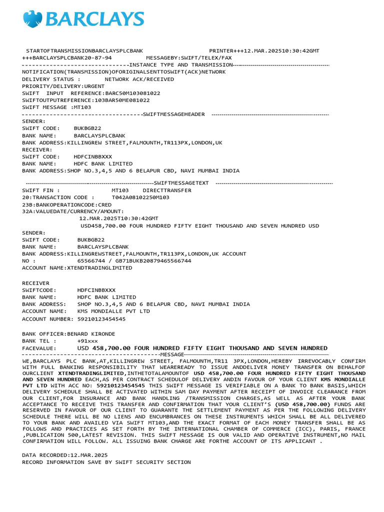 Barclays MT103 Transfer Confirmation | PDF | Banks | Wire Transfer