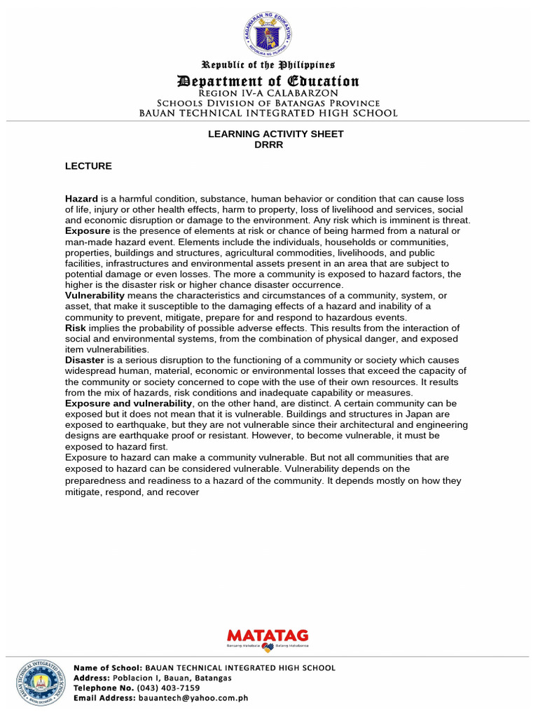 Learning Activity Sheet On DRRR | PDF | Hazards | Risk