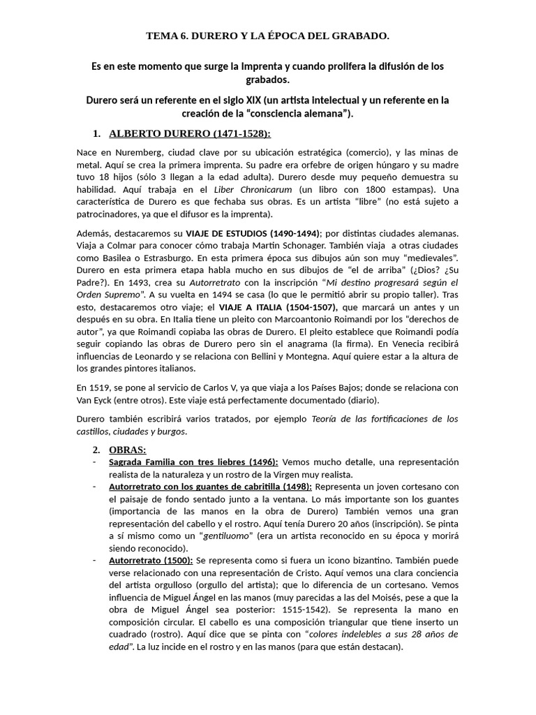Tema 6. Durero y la época del grabado. | PDF | Albrecht Dürer
