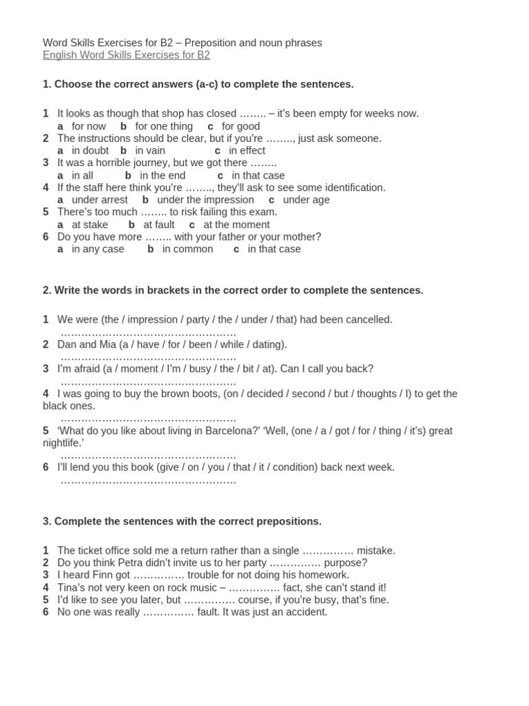 Word Skills Exercises For B2 Preposition | PDF | Linguistic Morphology | Grammar