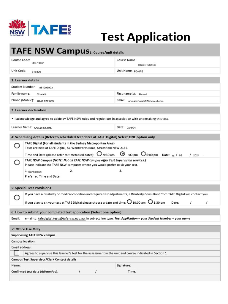 TAFE Digital Test Application Form | PDF