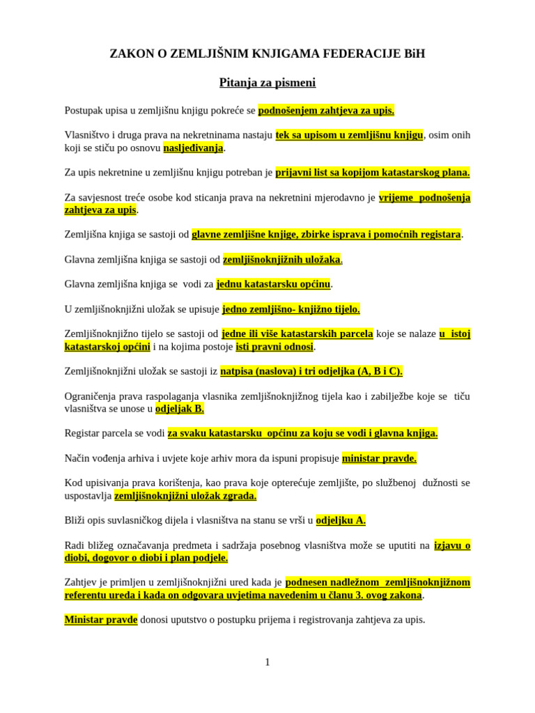 Pitanja Zakon o Zemljišnim Knjigama FBiH | PDF