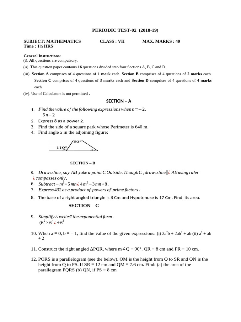 Class VII Mathematics Periodic Test 2018 | PDF | Area | Length
