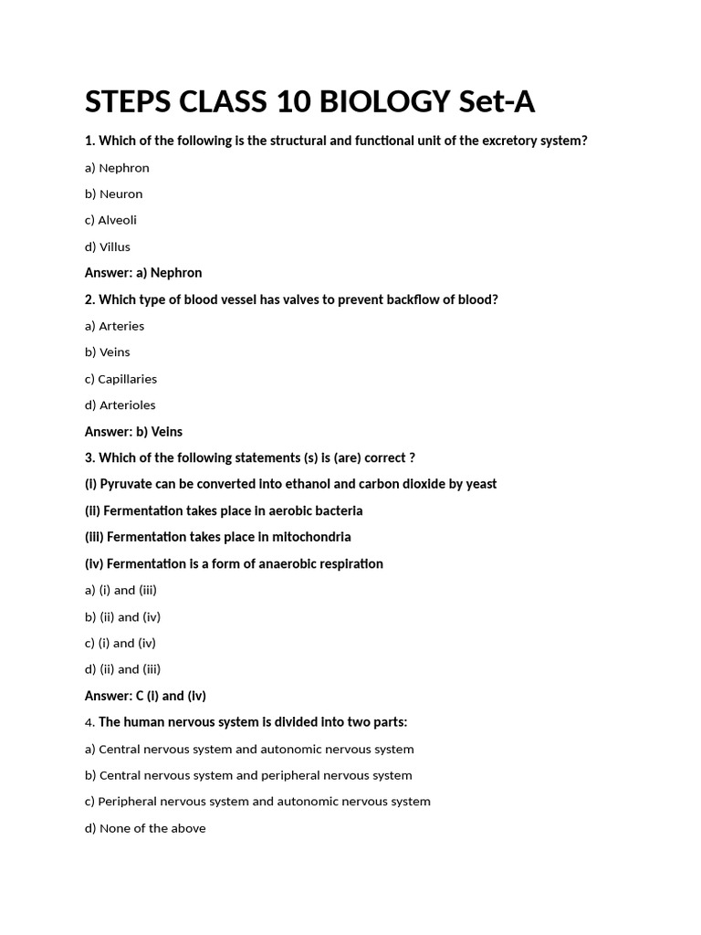 STEPS CLASS 10 BIOLOGY Set A | PDF