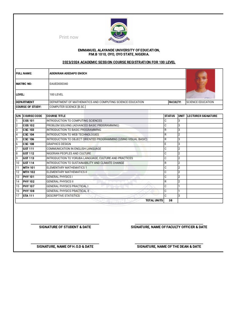 Adeniran Adedapo Enoch - Course Registration For 100 Level For 2023 ...