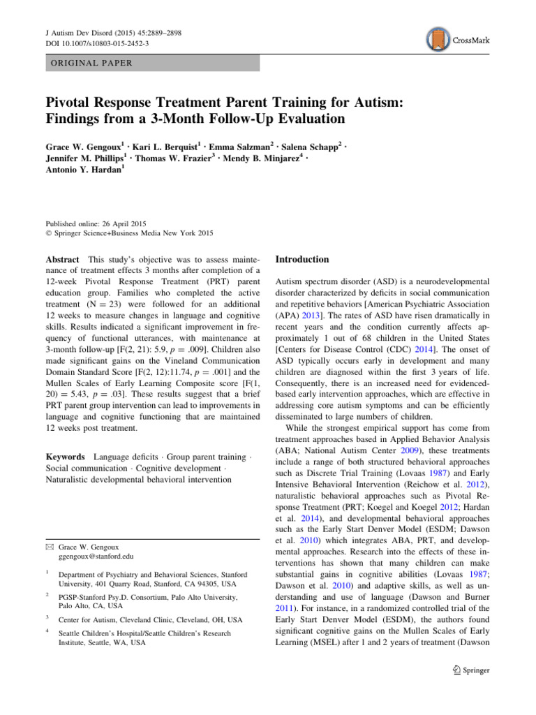 Pivotal Response Treatment Parent Training For Autism Findings From A 3 ...