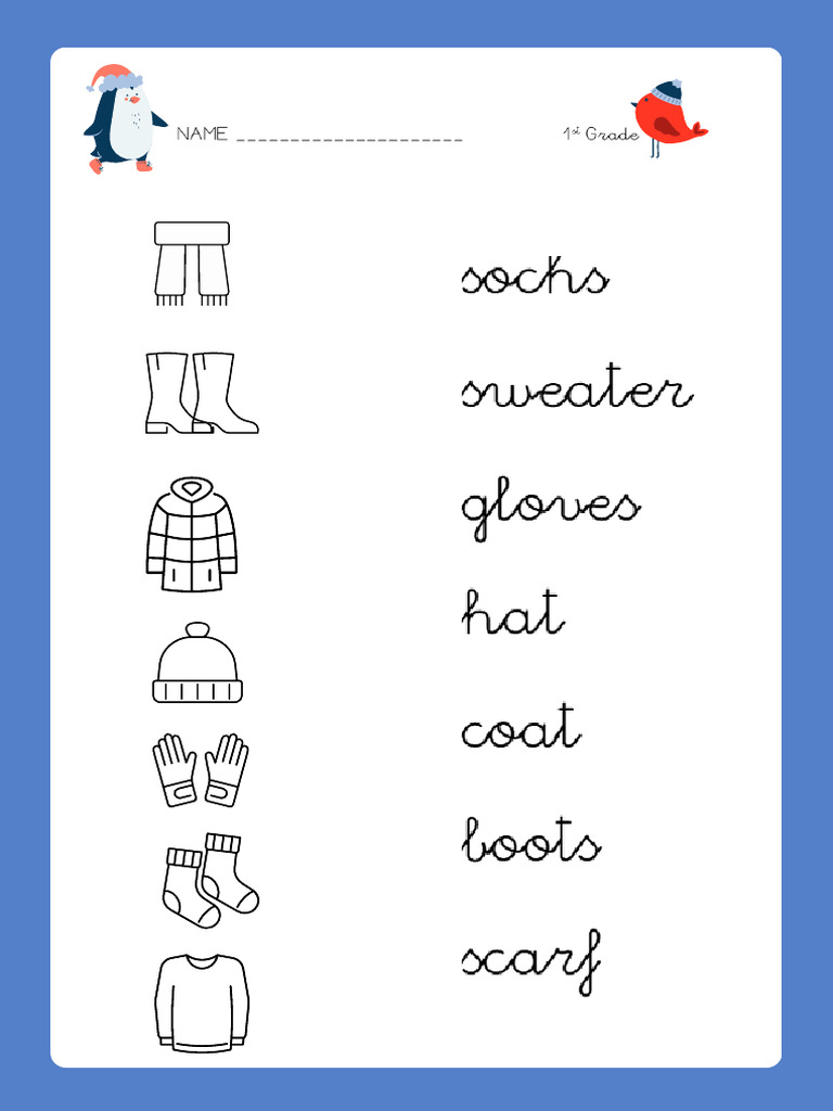 Blue Winter Clothes Vocabulary Writing Worksheet | PDF
