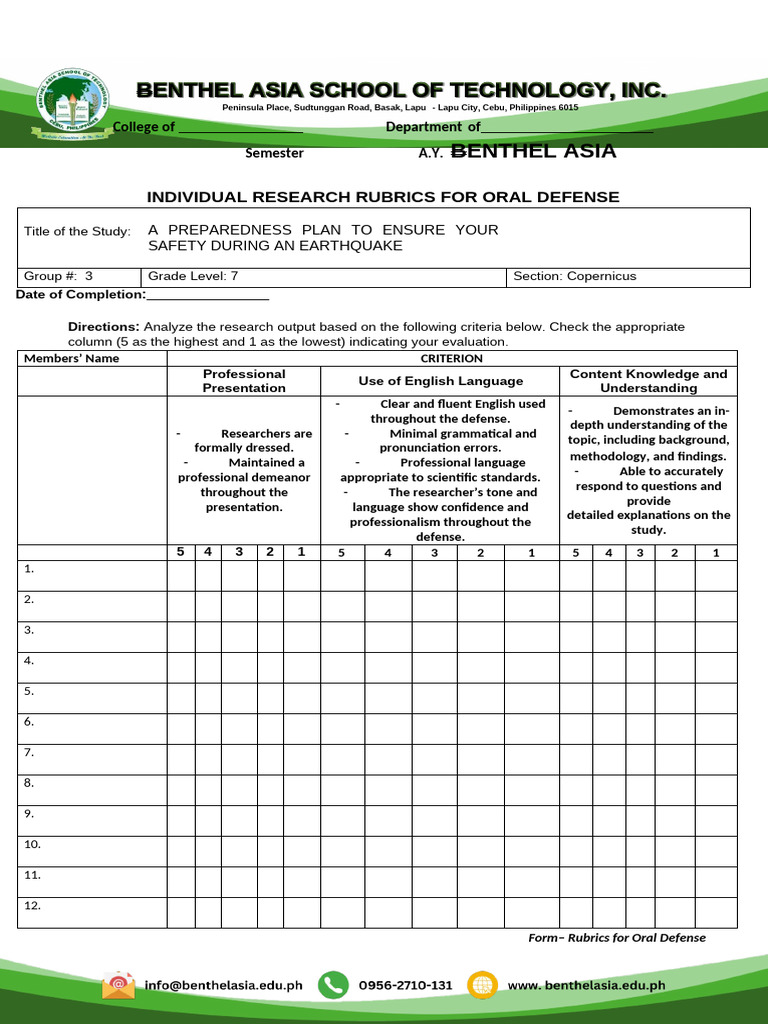g7 Individual Research Rubrics For Oral Defense Group 3 | PDF ...
