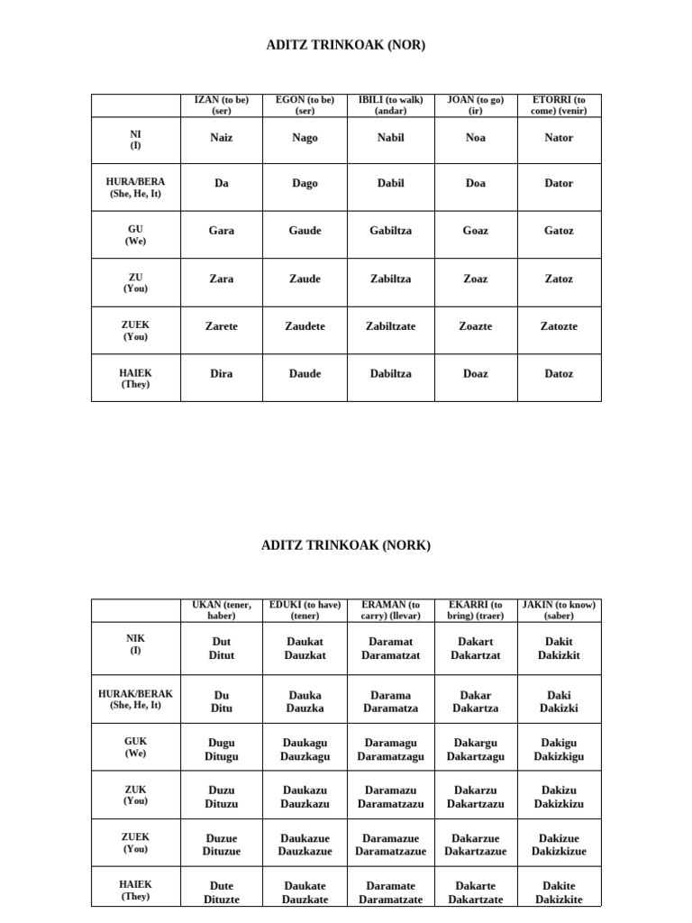 Aditzen Taula Trinkoak Nor, Nork | PDF