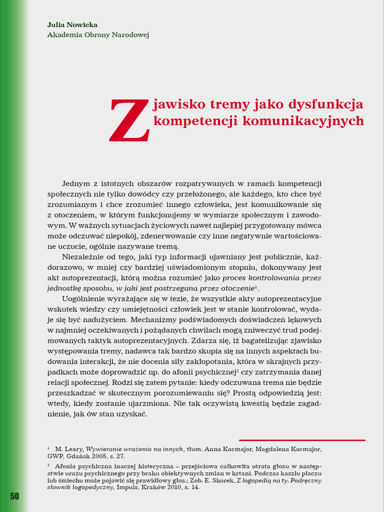 Zjawisko Tremy Jako Dysfunkcja Komp | PDF
