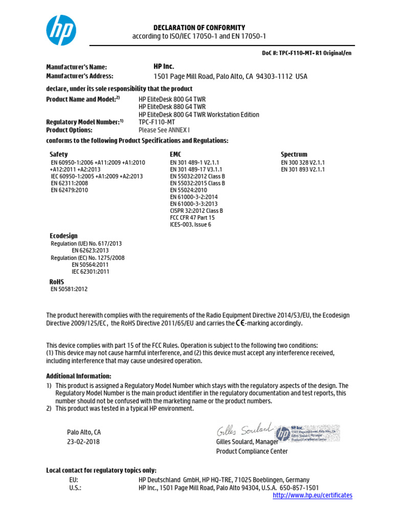 CE Declaration PC EliteDesk 800-G4 880-G4 TWR Workstation Editon | PDF ...